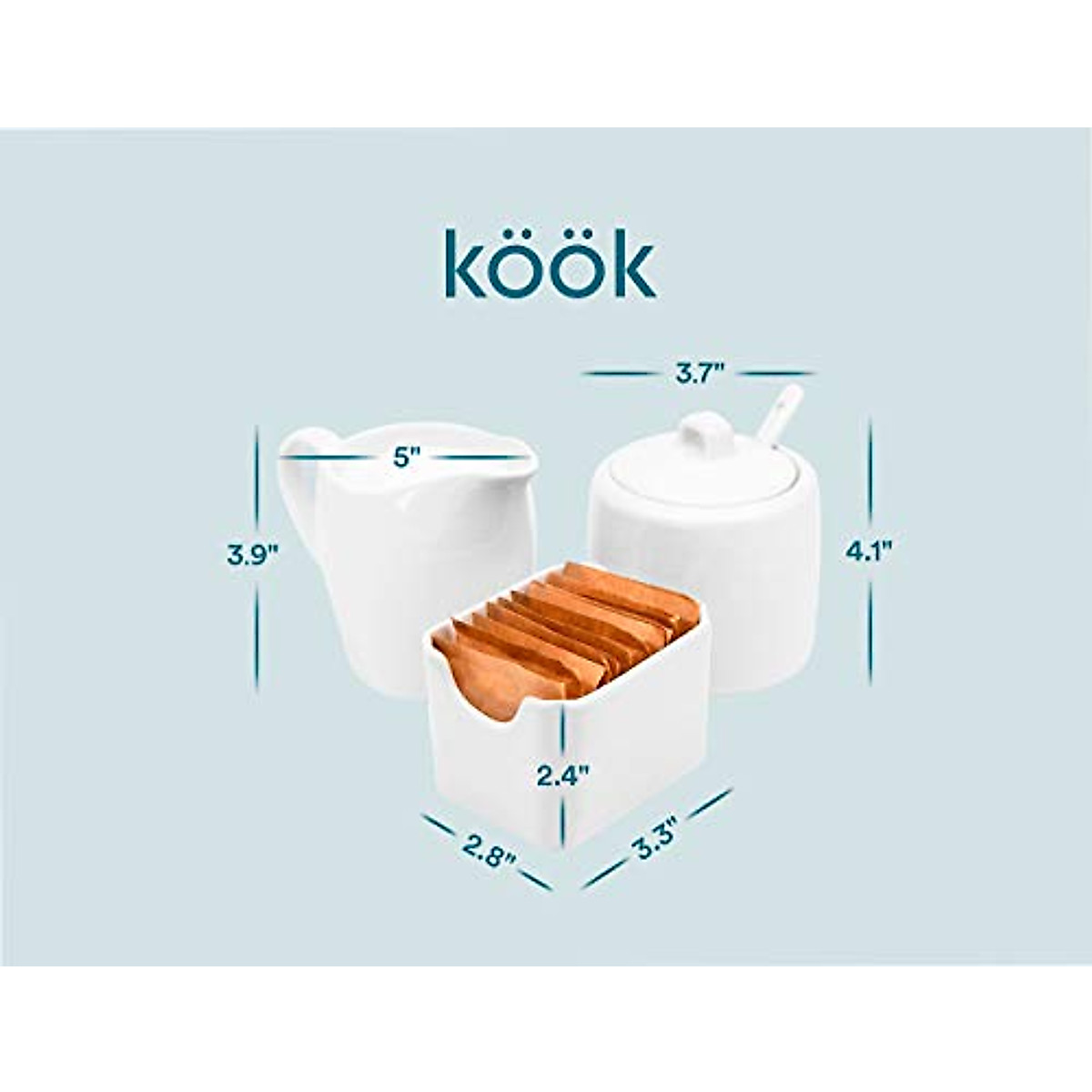 Kook Sugar and Creamer Set, 3 Piece, Pitcher, Sugar Bowl with Lid and Spoon, Sweetener Holder, White