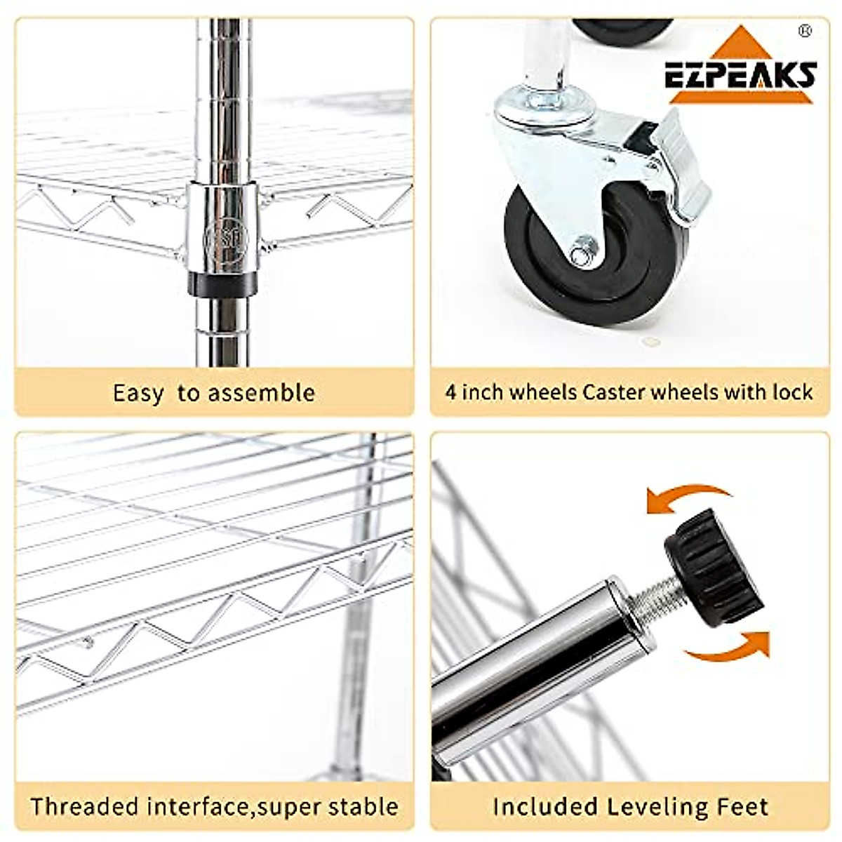 EzPeaks 5-Tier Chrome NSF Certified Storage Shelves, Heavy Duty Steel Wire Shelving Unit with Wheels and Adjustable Feet, Used as Pantry Shelf, Garage or Bakers Rack Kitchen Shelving (18"DX48"WX72"H)