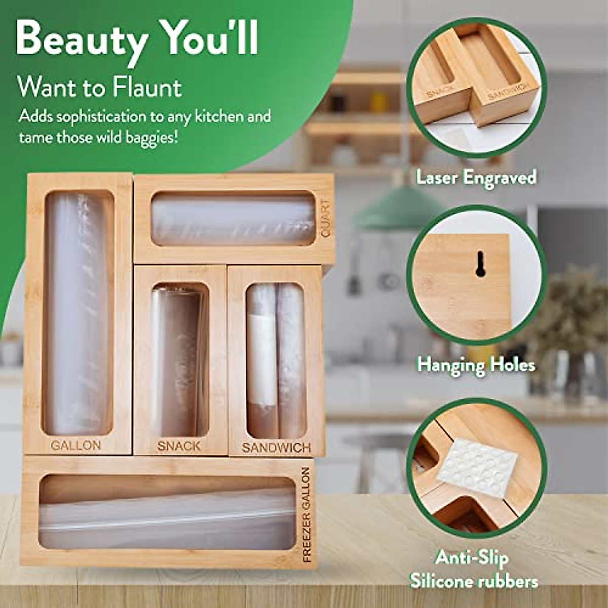 TRAKZA Bamboo Ziplock Bag Organizer for Drawer, Kitchen Storage Bag Organizer, 5 Separate Baggie Organizer for Drawer with Non-Slip Feet and Hanging Holes, kitchen organization and storage