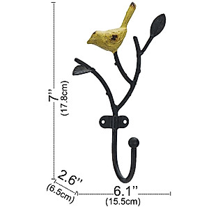 SOFFEE DESIGN 2pcs Vintage Coat Hooks Wall-Mounted Hanging Metal Rack, Heavy Duty Tree Branch with Birds Key Holder, Farmhouse Garden Style Hooks for Towels, Hats, Scarves Yellow