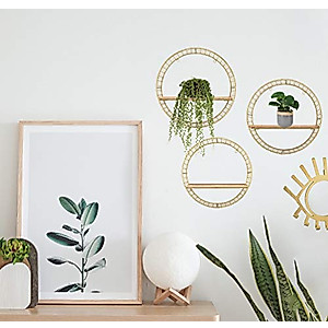 kimisty Set of 3 Gold Round Floating Shelves, Circular Wall Shelves as Boho Bathroom, Living Room, Kitchen & Bedroom Decor, Metal Wire Mesh Sconce Shelf, Circle Accent Display