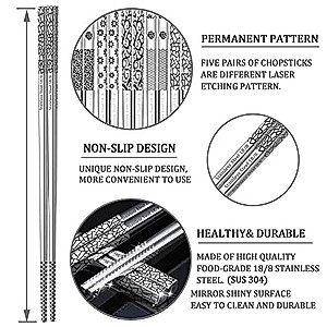 Metal Chopsticks Stainless Steel Reusable Chopsticks 18/8 Cute Laser Engraved Non-slip Korean Japanese Chinese Chopsticks,18/8 Stainless steel Dishwasher Safe for Cooking Eating 9 1/4 Inches 5 Pairs