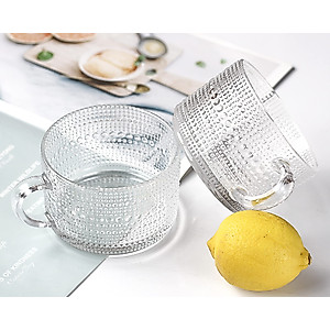 LUXU Vintage Coffee Mugs 14 oz Set of 4 Glass Tea Cups Stackable Glass Coffee Cups,Cute Coffee Bar Accessories,Iced Coffee Glasses,Clear Embossed Glass Cups for Cappuccino,Latte,Cereal,Yogurt,Milk