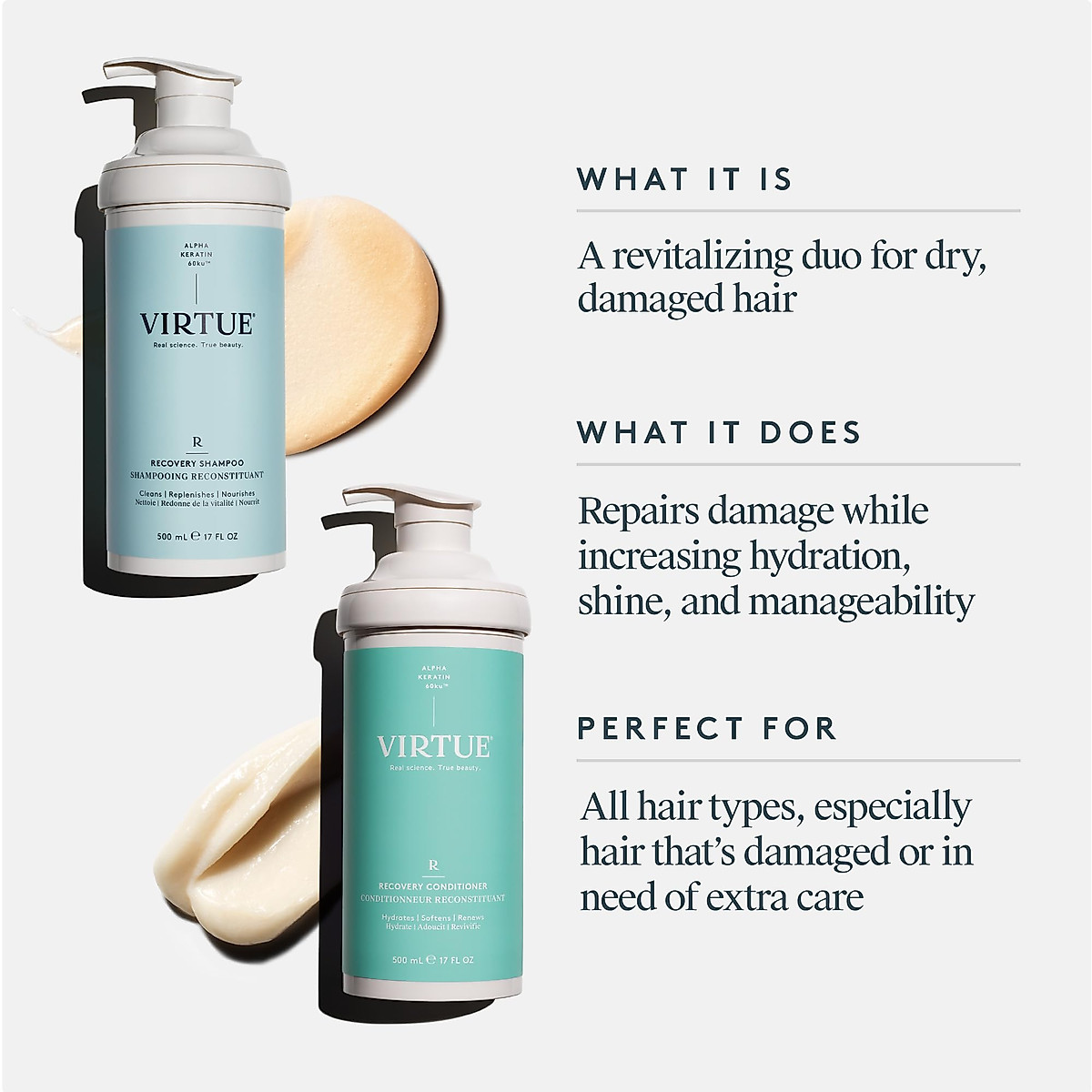 Virtue Recovery Sulfate Free Shampoo and Conditioner Set with Keratin Hydrates, Softens, and Renews Damaged Hair, Color Safe