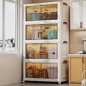 Pubunity 78QT Storage Bins with Lid - Folding Storage box with Doors and Wheels, Collapsible Plastic Storage Bins for Closets, Stackable Storage Organizer, Storage Containers for Closet (4Pack, 78QT)