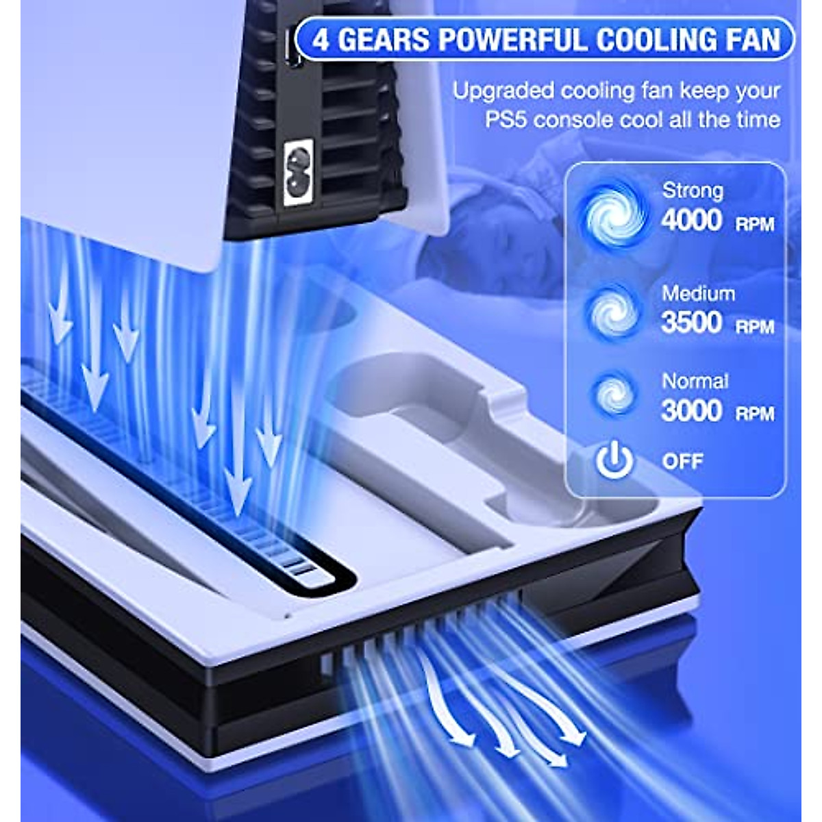 PS5 Stand with 3 Level Cooling Fan, Dual Fast PS5 Controller Charging Station Incl. 4 USB C Dongles, 3 USB Hubs, Headset Holder, Media Slot,PS5 Accessories PS5 Cooling Station for Sony P5 Digital/Disc