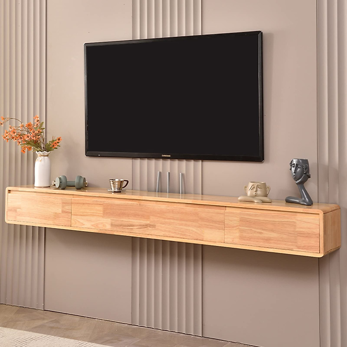 Solid Wood Floating TV Stand Wall Mount, Entertainment Center TV Storage Shelf For Living Room, Wall Mounted TV Cabinet Media Console Unit With 2 Drawers, 140*24*20cm, Easy To Clean ( Color : C )
