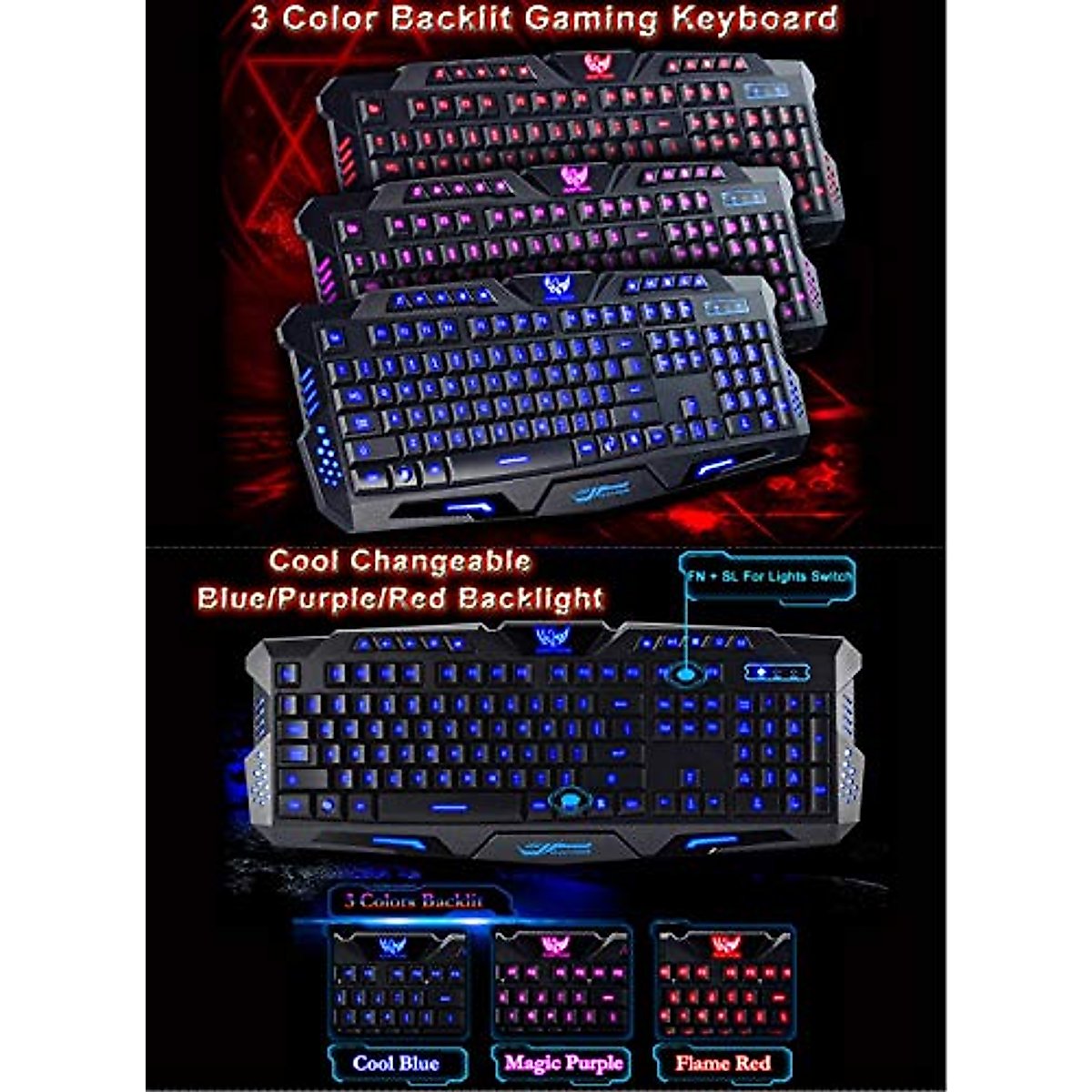 Tri-Color Backlit Gaming Keyboard USB Wired Floating Keyboard, Powered Full N-Key Game Keyboard, Quiet Ergonomic Water-Resistant Mechanical Feeling Keyboard,for Desktop, Computer, PC（Black）