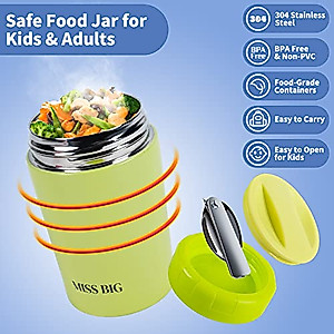 MISS BIG Insulated Food Container, 17oz Thermos for Hot Food for Kids & Adult,Leakproof,BPAs Free, Food Thermos with Spoon,Keep Hot & Cold Food for School,Office,Travel Bento Box for Hot Food (Green)