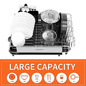 IARTOPS Dish Drying Rack, Dish Rack for Kitchen Counter, Expandable Stainless Steel Dish Strainer with Drainboard, Large Capacity Dish Drainer with Glass Holder, Utensil Holder