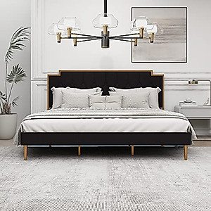 AGARTT Upholstered Platform King Size Bed Frame with Headboard Premium Stable Wood Slat Support No Box Spring Required Black