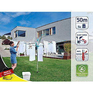 Leifheit Linomatic 500 Easy Dryer 50m Retract to Stay Clean, All Rust-Free Aluminium, 3.28m Turning Diameter, Longest Length 2.03m Pull-Open, Rotary Clothes line Airer, Turquoise, Large