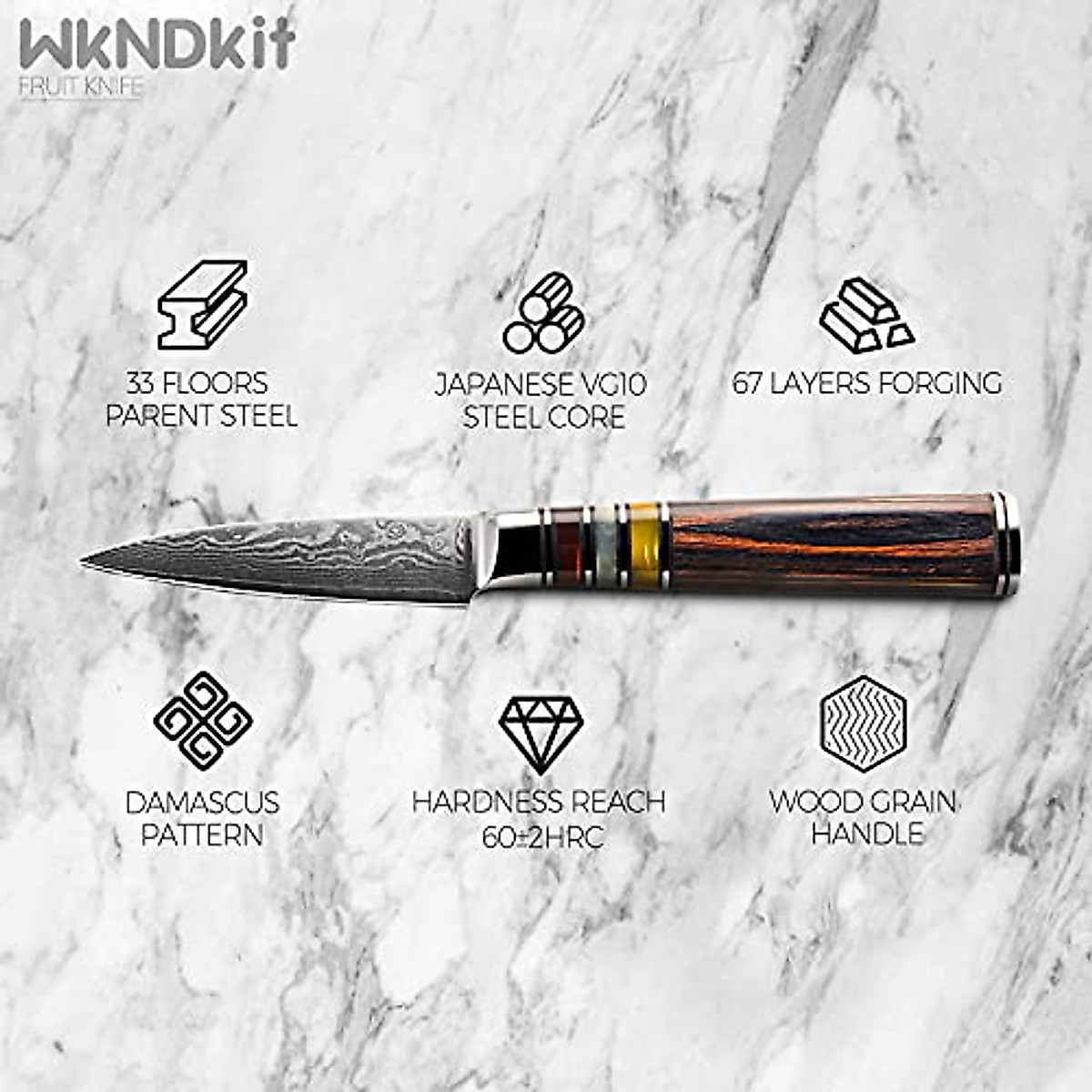 WKNDKIT Damascus VG-10 Stainless Steel Small 3.5 inch Paring knife japanese Kitchen knife with wood Handle, Super Sharp, Fancy Fruit and vegetable Knife
