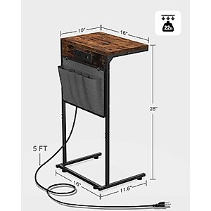 Evermagin C Shaped End Table with Charging Station, Small Side Table for Recliner, Over Couch Table with Outlet and Storage Bag, Slide Under Sofa Tray Table for Living Room, Bedroom, Rustic Brown