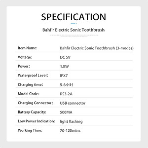 Bahfir Electric Sonic Toothbrush Ergonomic Design with 3 Modos 2 Minutes Smart Timer Rechargeable 1 Time Charge for 30 Days with 3 Brush Heads Replacement Portable for Home and Travel Adults Kids