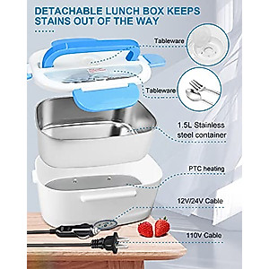 AUTOPkio Electric Heating Lunch Box, 12V 24V 110V 3 in 1 Portable Food Heater with 1.5L Removable Stainless Steel Container, Carry Bag for Car Truck Work (Blue)