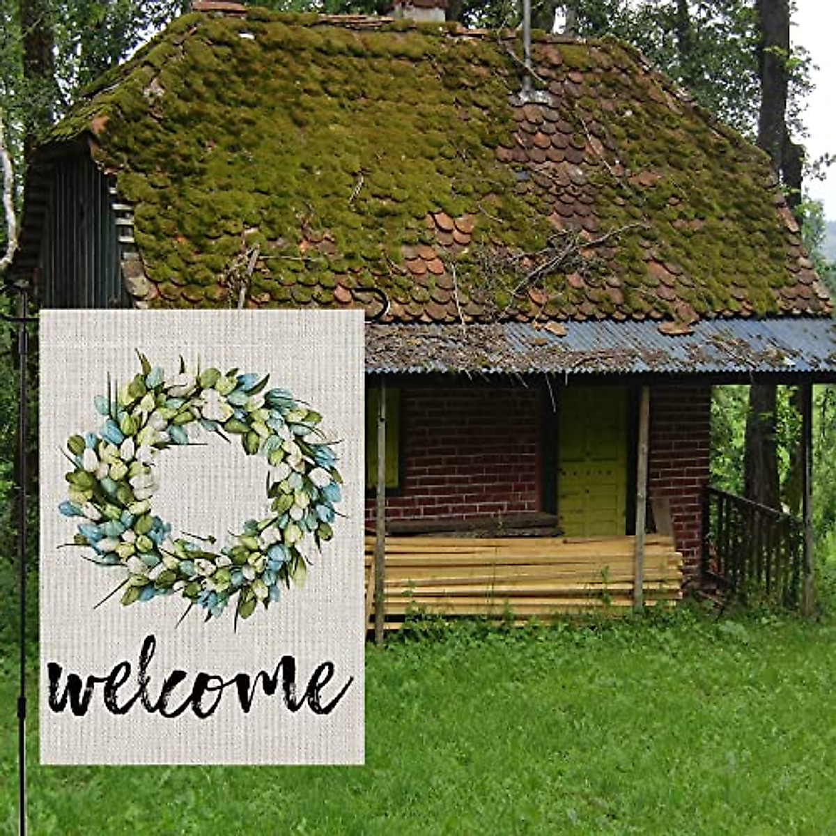 Welcome Spring Garden Flag Tulips Wreath 12 x 18 Inch Vertical Double Sized for Seasonal Summer Mothers Day Easter Yard Outdoor Decoration