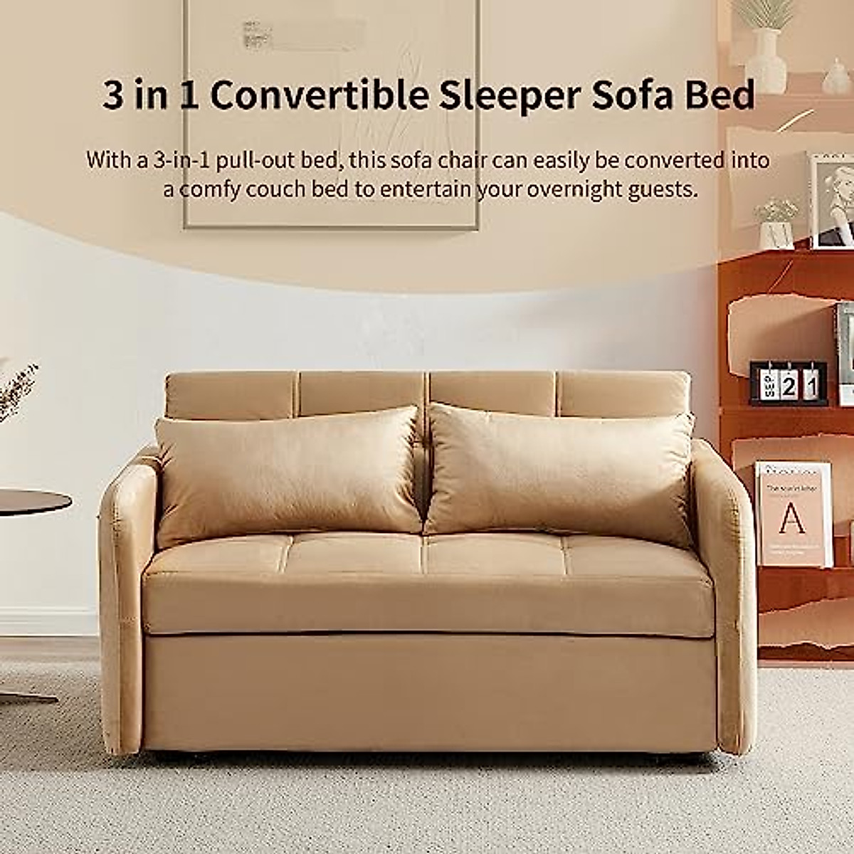 NIOIIKIT 3-in-1 Convertible Sleeper Sofa Bed, Modern Velvet Loveseat Sofa Couch, Chaise Lounge with Adjustable Backrest, Pillows, Pocket, Pull Out Bed for Living Room, Bedroom (Khaki)