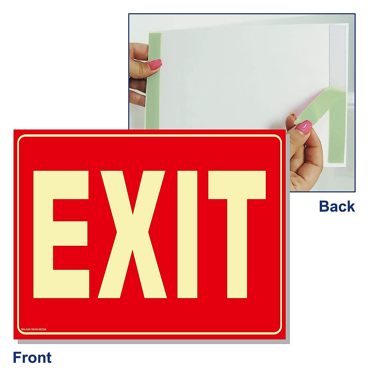 5 Pack Exit Sign for Business Lighted Glow in the Dark for Business - Comes with 2-Sided Tape - Non-Fade Colors/Durable, UV Protected, Easy to Mount - Waterproof - Peel & Stick