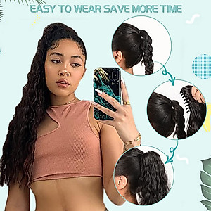 YEAME Wavy Ponytail Extension Claw Clip, 22 Inch Corn Wave Pony Tail Synthetic Brown Mixed Blonde Hair, Long Curly Jaw Ponytail Hair Extainson for Women Girls (Brown Mixed Blonde)