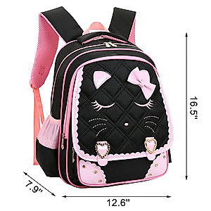 Cat Face Girls Backpack Kids School Bookbag for Primary Students Black