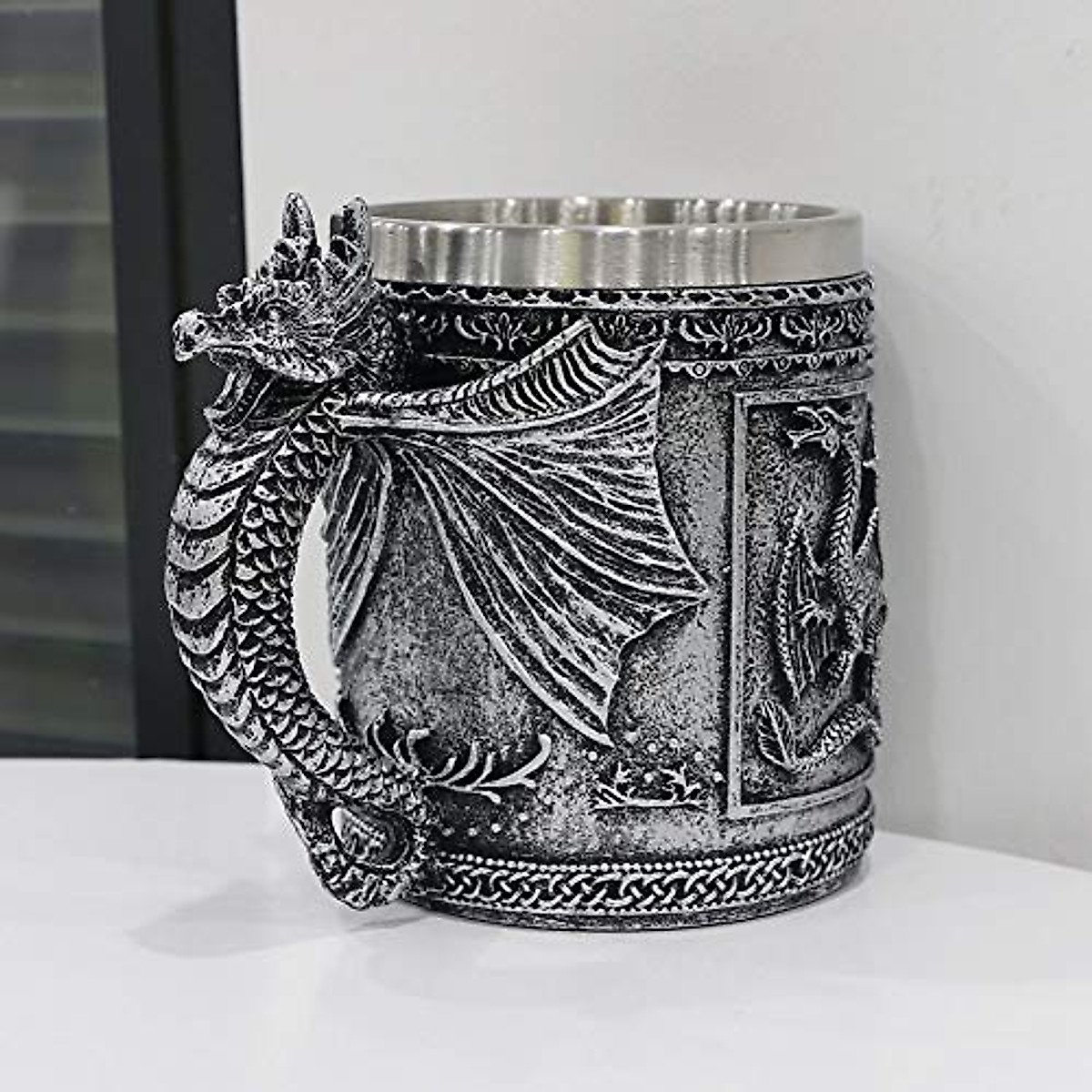Medieval Roaring Dragon Mug - Dungeons and Dragons Beer Stein Tankard Drink Cup - 14oz Stainless Coffee Mug for GOT Dragon Lovers Collector - Ideal Novelty Gothic Father Day Gift Party Decoration
