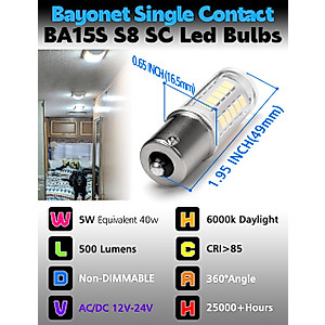 1156 BA15S LED Bulbs 12-24V, 1141 1003 7506 6000K Daylight White, Low Voltage Bayonet Single Contact, 5W 500LM Replacement For RV Landscape Interior Lights Camper Marine Boat Trailer Lights, Pack 4