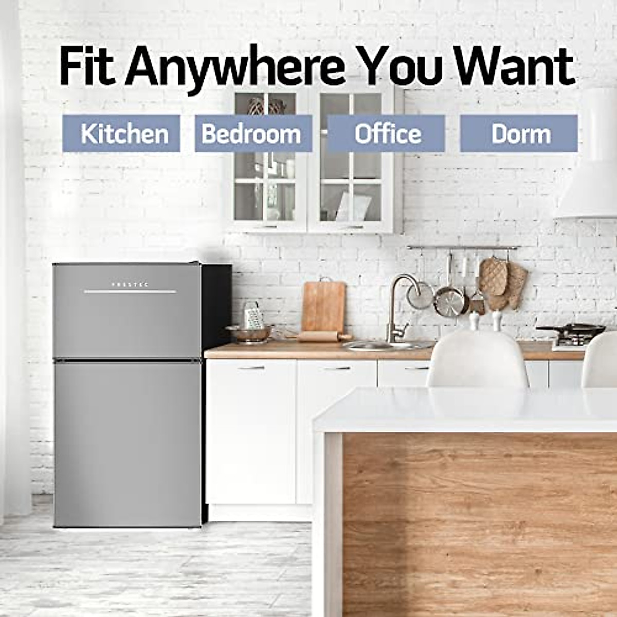 Frestec 3.2 Cu.Ft Mini Fridge for Bedroom, Mini Refrigerator with freezer, Dorm Fridge with Freezer, 2 Doors Perfect for Room and Office, Adjustable Temperature(Stainless steel)