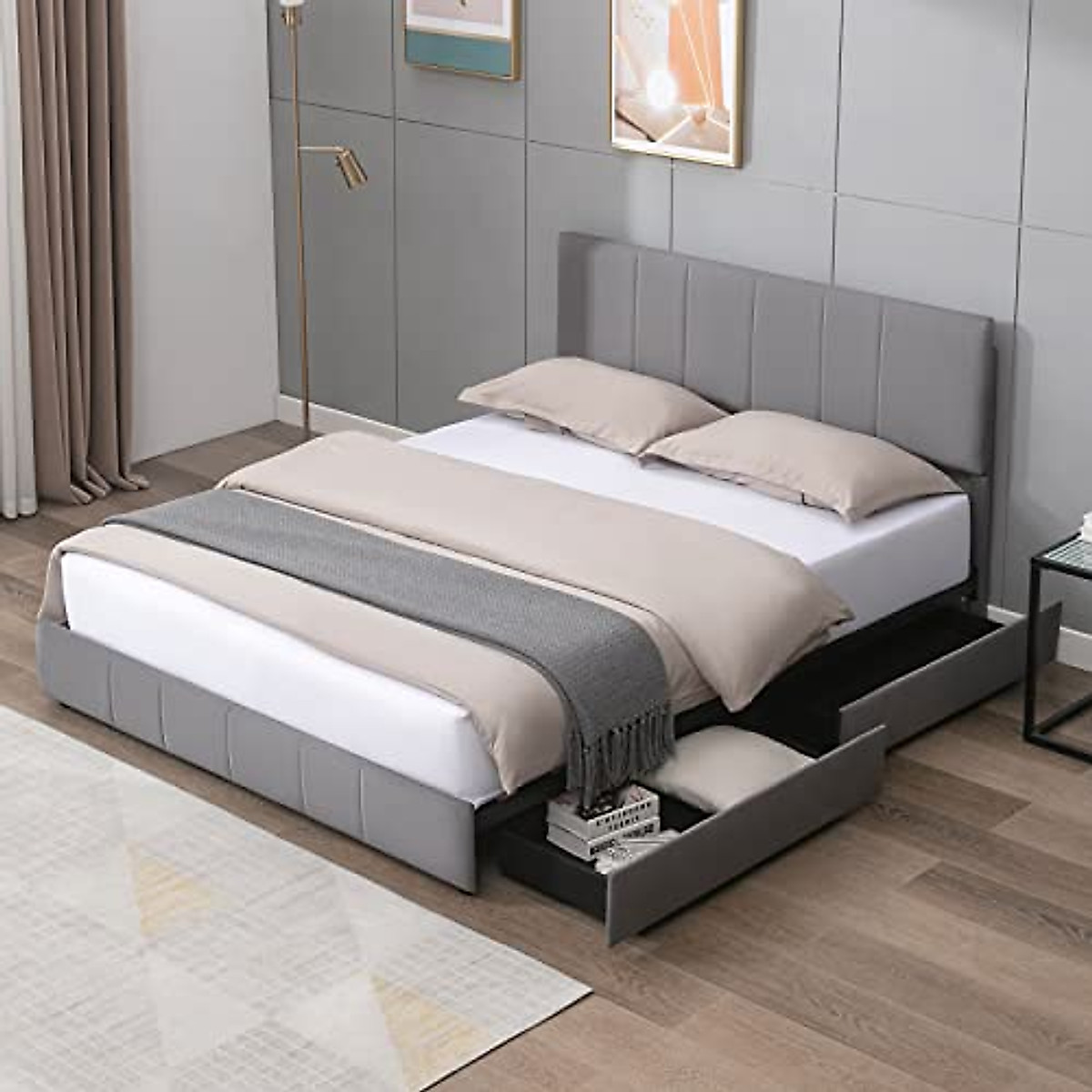 Mjkone California King Platform Bed Frame with 4 Storage Drawers, Upholstered Modern Velvet Bed Frame with Adjustable Headboard, Wooden Strips Design/No Box Spring Needed/Easy Assembly (Dark Grey)