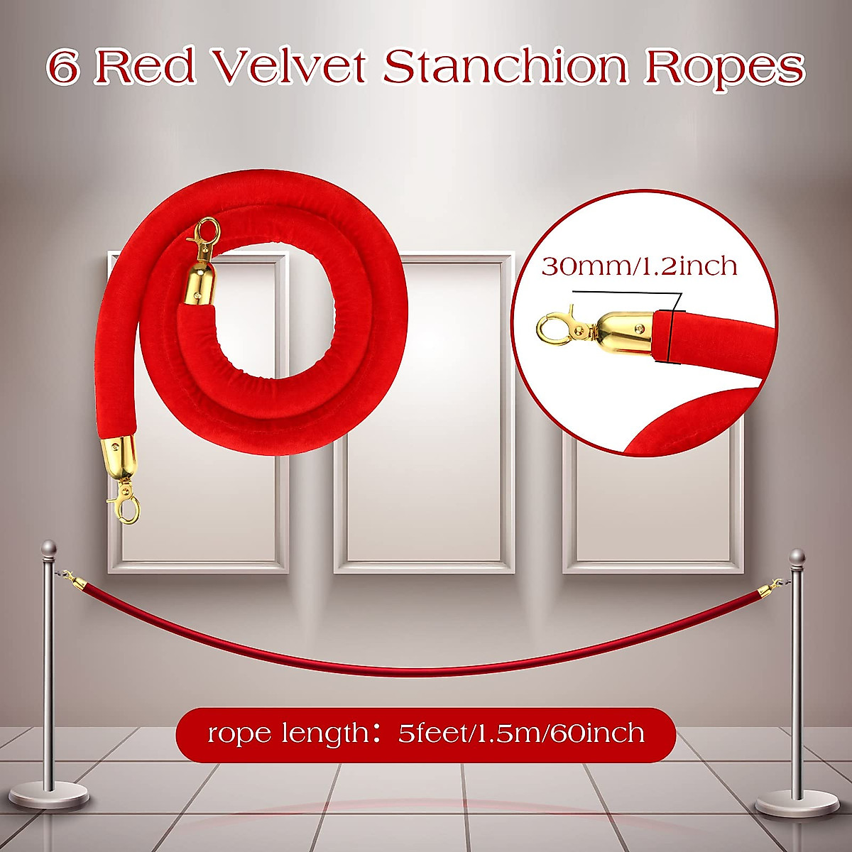 Nuogo 6 Pcs Velvet Stanchion Rope Red Carpet Party Decorations 5ft Crowd Control Velvet Ropes Safety Barrier with Gold Hook for Event Movie Theaters Grand Opening Hotel Christmas Party Supplies