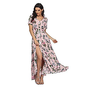 VintageClothing Women's Floral Print Maxi Dresses Boho Button Up Split Beach Party Dress,Pale Dogwood,X-Large
