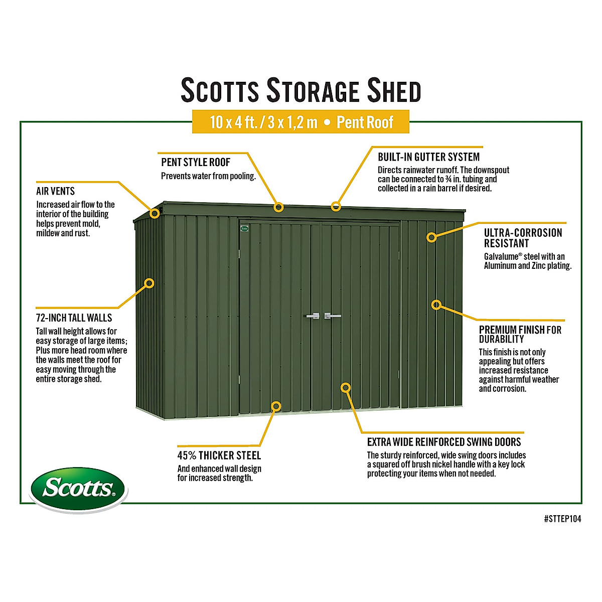 Scotts 10' x 4' Garden Storage Shed Outdoor Lockable Water-Resistant Steel Building with Tool Hanger and Pent Roof, Green