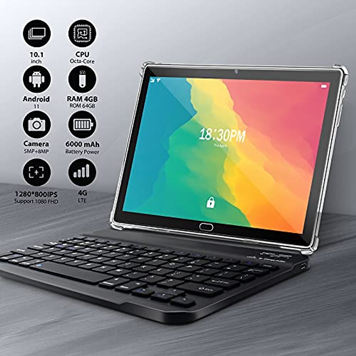Android 11.0 Tablet, 2 in 1 Tablet 10.1 inch, 4G Cellular Tablet with Keyboard, Octa-Core, 64GB Storage, 4GB RAM, Mouse, Stylus, Case, Support Dual Sim Card, 13MP Camera, WiFi, Bluetooth, GPS (Black)