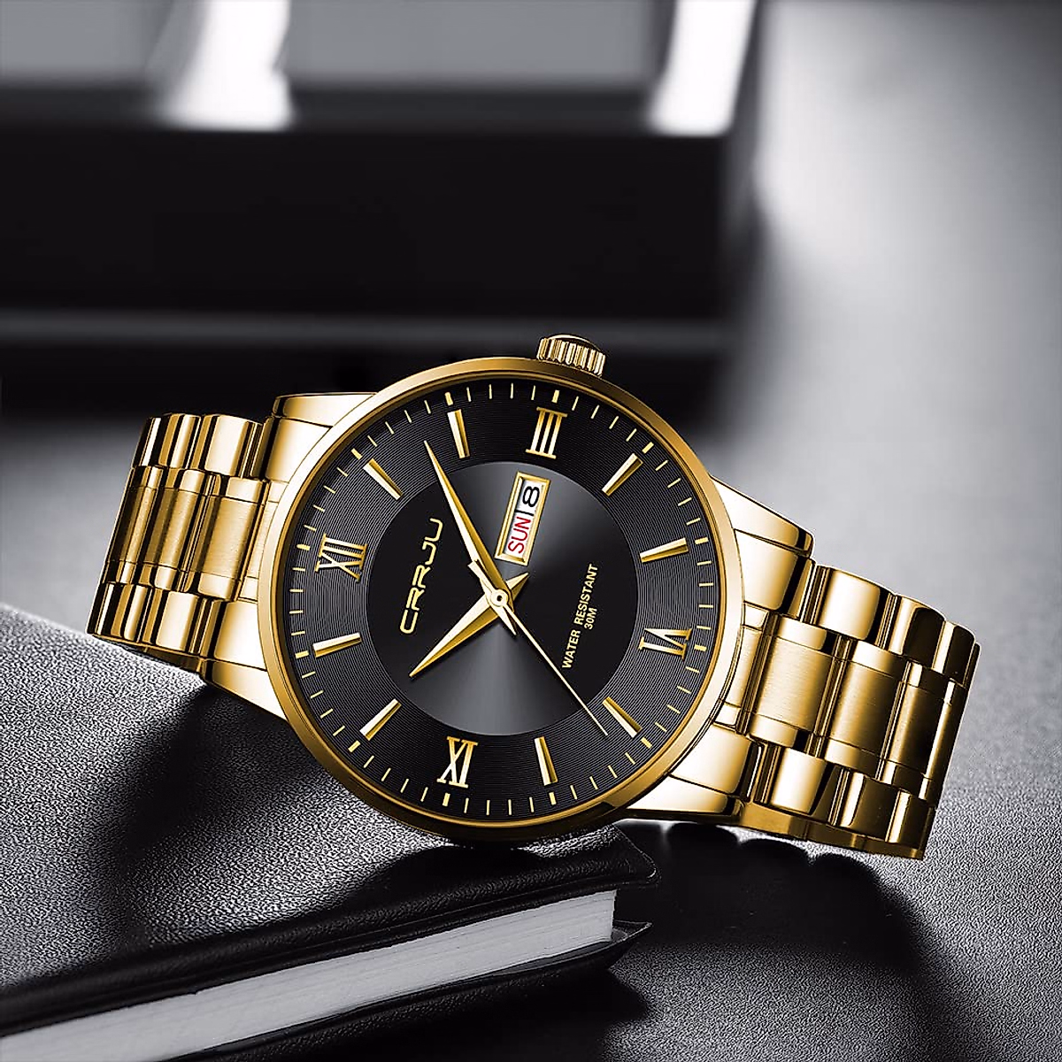 CRRJU Men's Fashion Luxury Golden Auto Date Watches Business Casual Japan Movement Quartz Waterproof Wristwatches for Men,Golden Stainsteel Steel Band Watch