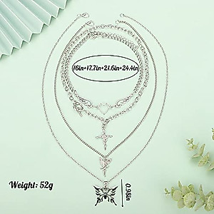 Chargances Punk Layered Butterfly and Heart Pendant Necklace Dainty Rose Flower Long Choker Silver Wing Collar Jewerly for Women and Girls