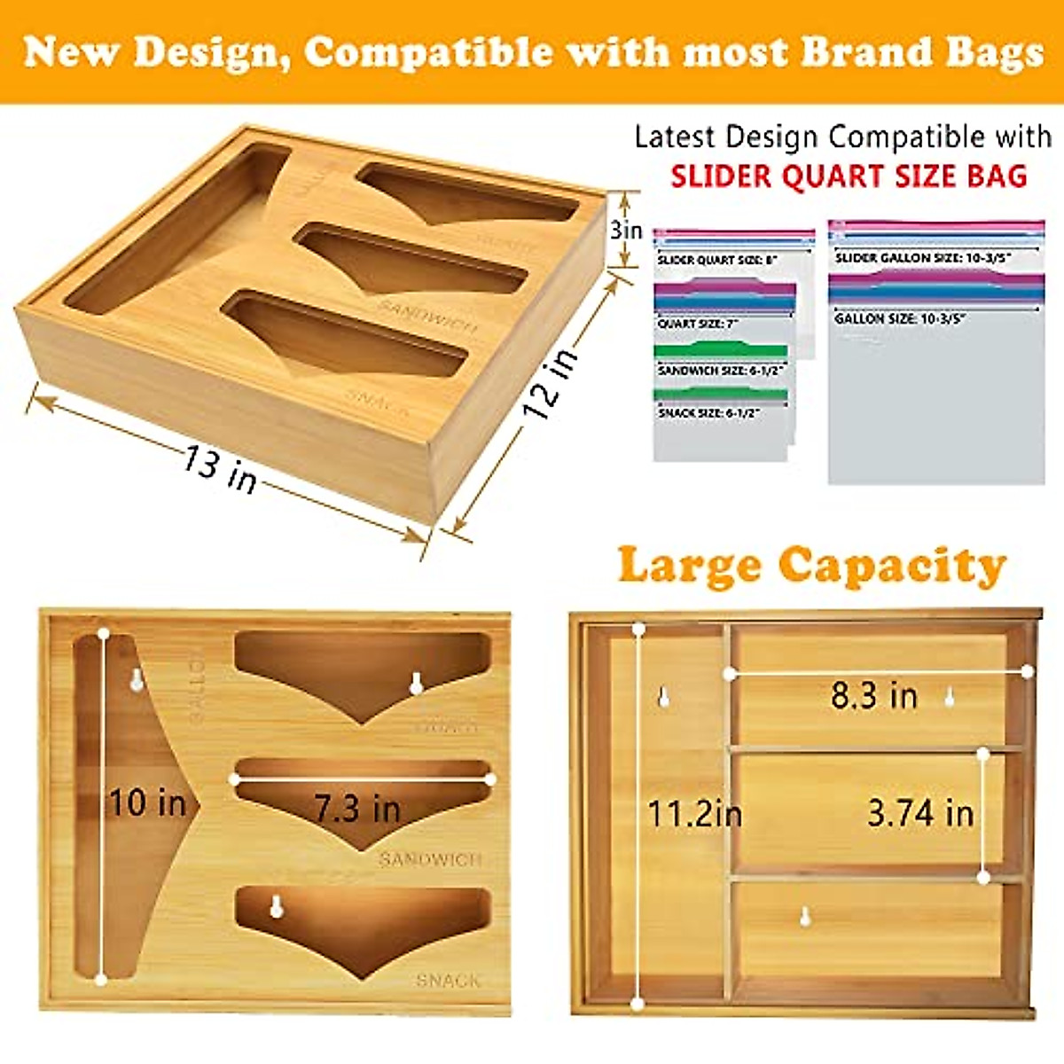 Ziplock Bag Storage Organizer for Kitchen Drawer Plastic Bag Organizer Storage Bag Organizer Baggie Holder with Slider Lids Compatible with Ziploc, Gallon, Quart Sandwich & Snack Variety Size Bags