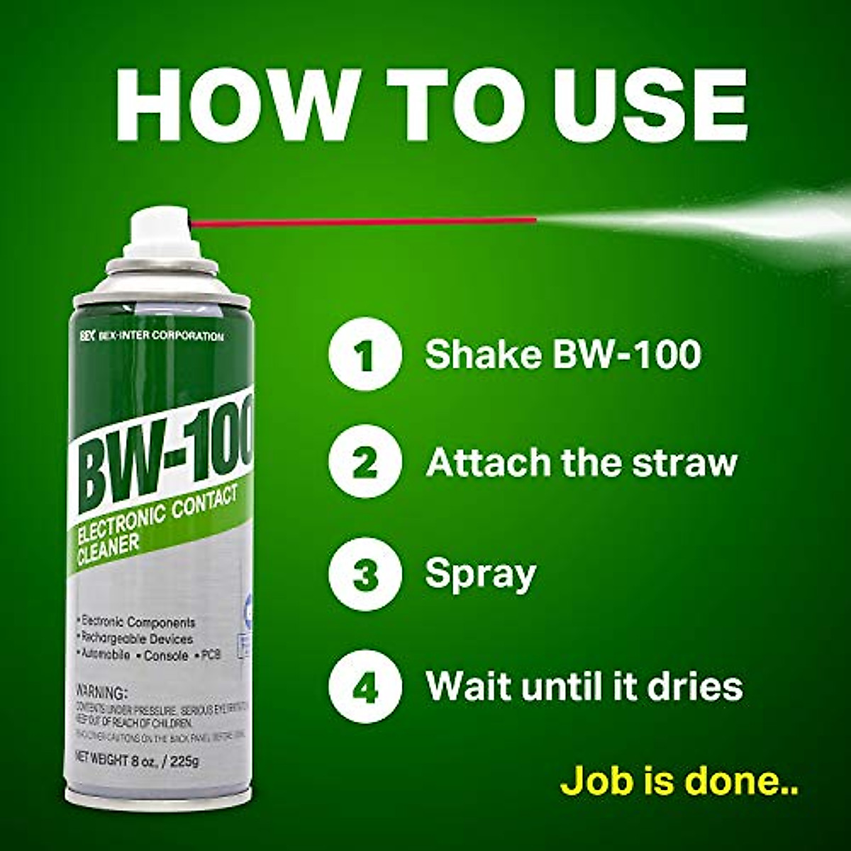 BW-100 Non-Flammable Electronic Contact Cleaner Aerosol Spray- Safely Cleans Joycons, Computers, PCB, and More - Removes dust, Dirt and contaminants on Contacts - Quick Dry| 8oz/225g | Pack of 3