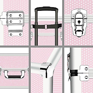 OUDMAY Makeup Case - 4 in 1 Professional Cosmetics Rolling Train Organizer with Aluminum Frame and Folding Trays Pink Diamonds