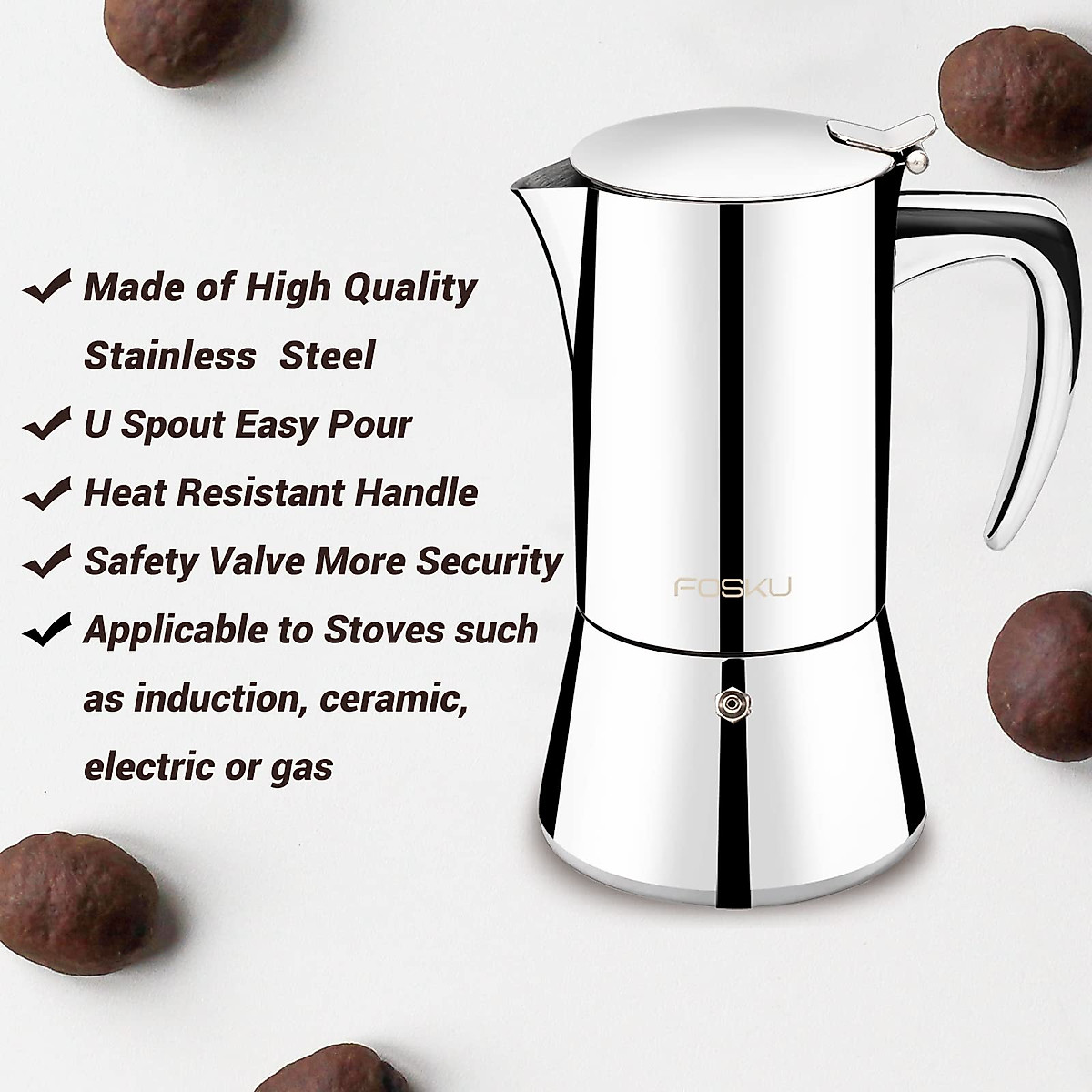 FOSKU Stovetop Espresso Maker, Stainless Steel Moka Pot, Italian Style Coffee Maker, Espresso Pot For 6 Cups, 300ml (Silver)