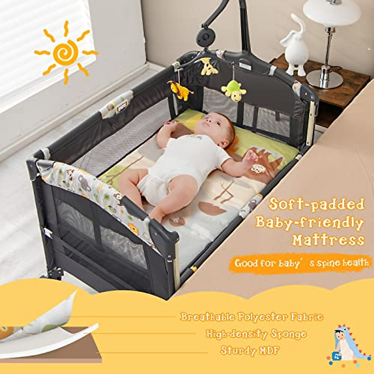 HONEY JOY Pack and Play, 4 in 1 Baby Bedside Sleeper w/Diaper Changing Table & Storage Bag, Toy Rack & Music Box, Portable Baby Playard with Bassinet, Carry Bag for Newborn to Toddlers (Gray)