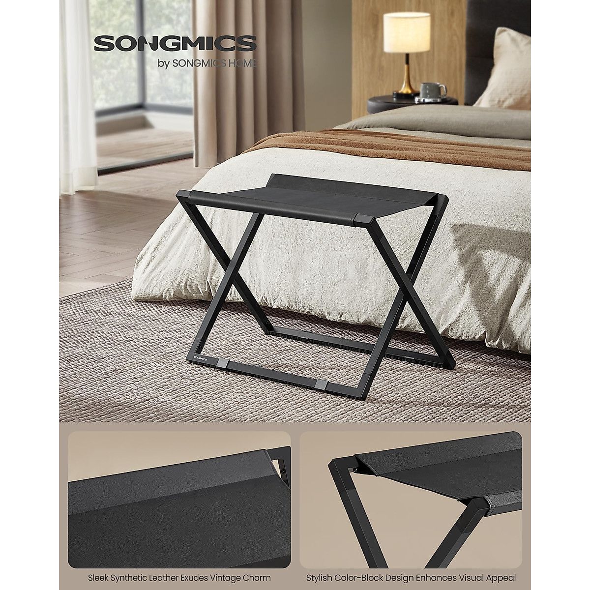 SONGMICS Luggage Rack, Foldable Suitcase Stand, Metal Luggage Holder, Synthetic Leather, Easy to Assemble, for Guest Room, Hotel, Bedroom, Ink Black and Charcoal Gray URLR009B01