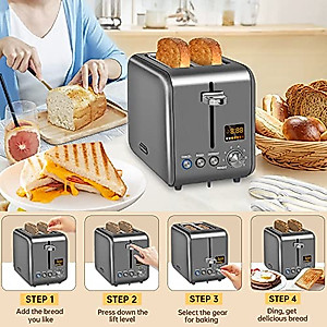 SEEDEEM Toaster 2 Slice, Stainless Steel Bread Toaster with Colorful LCD Display, 7 Bread Shade Settings, 1.4'' Wide Slots Toaster with Bagel/Defrost/Reheat Functions, Removable Crumb Tray, 900W, Dark Metallic
