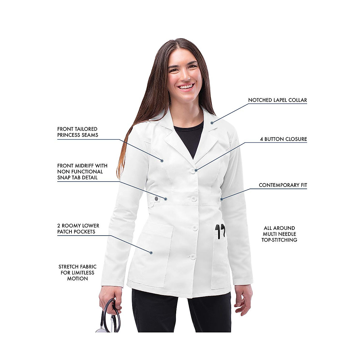 Adar Universal Stretch Lab Coat for Women - 28" Tab-Waist Lab Coat - 3300 - White - M