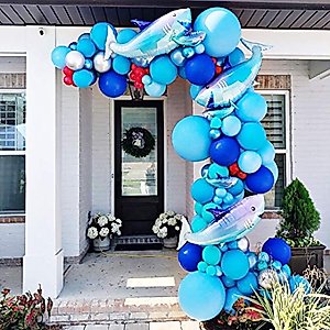 Shark Party Decorations Supplies Caribbean Blue Sliver Red Balloon Arch Kit & Garland With Shark Balloons, 115pcs For Baby Shower, Kid's Birthday Party, Shark Party, Under The Sea Party, Boys Party