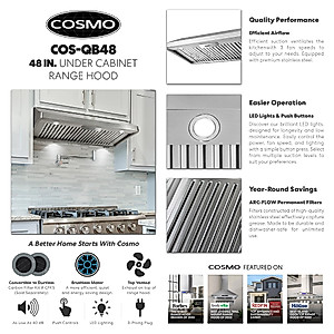 COSMO COS-QB48 Under Cabinet 48 in. Range Hood | 500 CFM, Ducted/Ductless Convertible (Kit Not Included), Push Button, Kitchen Stove Vent Light, Permanent Filter, Stainless Steel