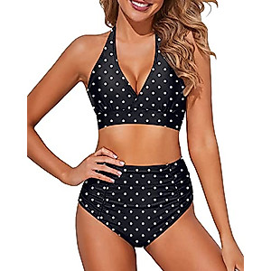 Tempt Me Women Black Polka Dot Two Piece High Waisted Bikini Set Swimsuits Push Up Halter Tummy Control Bottoms Bathing Suits L