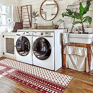 MUENINELE Kitchen Floor Rugs, Merry Christmas Snowflake Xmas Tree Geometric Pattern Red Non-Slip Runner Mats Runner Rugs for Laundry, Bedrooms, Sink, Office, 2 PCS Set