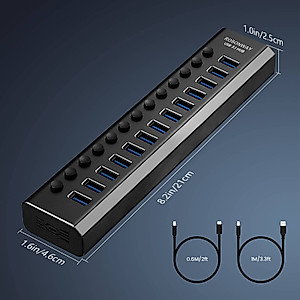 Powered USB Hub Rosonway Aluminum 13 Port USB 3.1/3.2 Gen 2 Hub 10Gbps with 72W (12V/6A) Power Adapter and Individual Switches, Type A and Type C Cables, USB C Hub Expander for PC and Laptop, RSH-A13