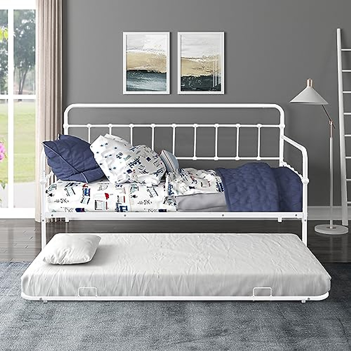 Oudiec Twin Size Metal Daybed with Trundle, Sofa Bed Frame Steel Slat Support for Teenagers/Adult Bedroom, Space Saving Design & No Box Spring Needed, White