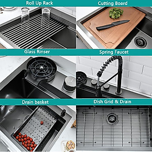 WMXQX 33 Inch Black Waterfall Kitchen Sink with Faucet Combo, 33x22 Waterfall Drop In Kitchen Sink Workstation 16 Gauge Stainless Steel Smart Double Waterfall Sink Single Bowl Kitchen Sink with Faucet